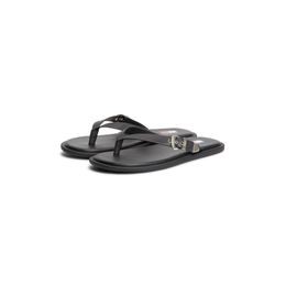 Tommy Jeans Damen Zehentrenner "TJW FLAT LEATHER SANDALS", Gr. 39, schwarz, Leder, Schuhe, Dianette, Strandschuh, Schlupfschuh mit verstellbarer