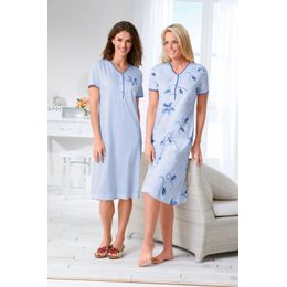 Ascafa Damen Kurzarm-Nachthemden im Doppelpack, Single-Jersey blau + blau-bedruckt, Gr&ouml;&szlig;e 40/42
