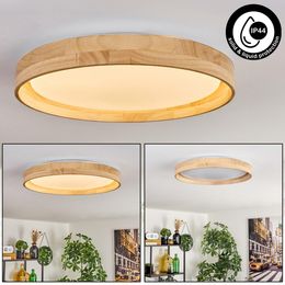 hofstein Runde LED Holz-Deckenleuchte Tabernas, wei&szlig;er Schirm, 3000 Kelvin warmwei&szlig;, IP44 Aus Metall, Holzring in Naturfarben, &oslash; 40 cm, 2450 Lumen