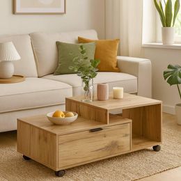 Pharao24.de Wohnzimmer Tisch Sofatisch in Eichefarben mit Kunststoffrollen