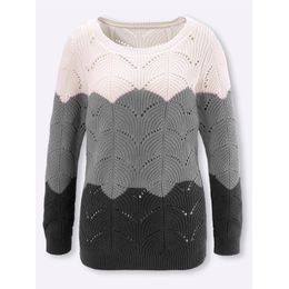Classic Basics Damen Ajourpullover "Rundhals-Pullover", grau, Gr. 46, gemustert, mehrfarbig, 100% Baumwolle, Pullover