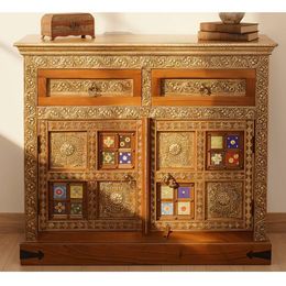 Pharao24.de Kommode Holz Dielenkommode im Boho Style mit Dreht&uuml;ren