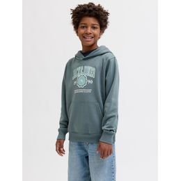Jack & Jones Kinder Kapuzensweatshirt "JJMAKO SWEAT HOOD JNR", blau, Gr. 128, JACK & JONES JUNIOR, bedruckt, angeraute Sweatware, Obermaterial: 60% Baumwolle, 40%