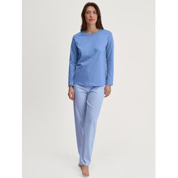 Calida Damen Schlafanzug "Spring Nights", Gr. XL, blau, Single Jersey, Obermaterial: 100% Baumwolle, gestreift, Homewear-Sets, Oberteil uni, Hose