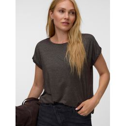 V&eacute;ro Moda VERO MODA Damen Rundhalsshirt "VMLAVA PLAIN SS TOP LUREX STRIPE", braun, Gr. S, gestreift, Jersey, Obermaterial: 82% Viskose, 8% Polyamid, 5%