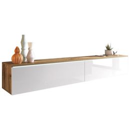 P & B Lowboard D180, Eiche Wotan, Wei&szlig; Hochglanz, Kunststoff, kaltwei&szlig;, 180x30x33 cm, Fsc, Made in EU, stehend, h&auml;ngend, Beleuchtung, in verschiedenen Holzdekoren erh&auml;ltlich, Wohnzimmer, Wohnw&auml;nde, Lowboards, Lowboards stehend