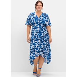 sheego Damen Chiffonkleid in Wickeloptik, mit Bl&auml;tterprint, kobalt-gemustert, Gr&ouml;&szlig;e 40