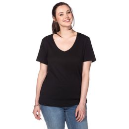 sheego Damen T-Shirt mit V-Ausschnitt, Rippqualit&auml;t, schwarz, Gr&ouml;&szlig;e 56/58