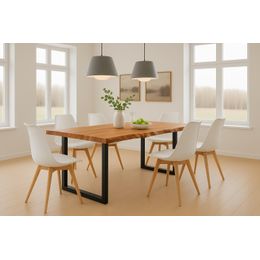 Essgruppe Baumkante massiv 180 x 90 cm Akazie naturfarben U-Gestell schwarz & 6 St&uuml;hle wei&szlig; QUINN