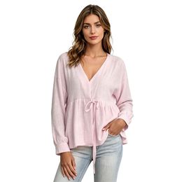 Kojooin Bluse 'Damenbluse mit Bindeband vorne Peplum-Oberteil, mit Schleife, langen &Auml;rmeln und V-Ausschnitt' Damen Gr&ouml;&szlig;e M pink