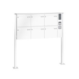 Renz Basic B freistehende Briefkastenanlage 6-fach mit Sprechfeld in RAL 9016 mit Fu&szlig;platten mit Soft Close