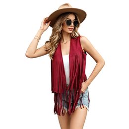Kojooin Weste 'Jacke Damen Fransenweste im 70er Hippie-Stil aus Wildlederimitat mit Nieten &Auml;rmellose Vintage-Style Jacke' Damen Gr&ouml;&szlig;e XL rot