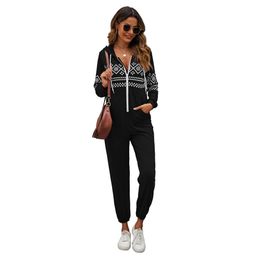 Kojooin Jumpsuit 'Damen Overall mit Print, Kapuze, Kordelzug, langen &Auml;rmeln und Taschen Bequemer Freizeit Jumpsuit' Damen Gr&ouml;&szlig;e L schwarz