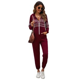 Kojooin Jumpsuit 'Damen Overall mit Print, Kapuze, Kordelzug, langen &Auml;rmeln und Taschen Bequemer Freizeit Jumpsuit' Damen Gr&ouml;&szlig;e M burgunder