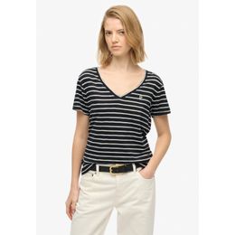 Superdry Damen T-Shirt "STUDIOS SLUB EMB VEE TEE", schwarz-wei&szlig;, Gr. S, gestreift, Single Jersey, Obermaterial: 60% Baumwolle, 40% Lyocell, Shirts,