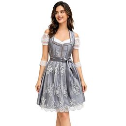 Kojooin Kleid 'Frauen Dirndl Silbermuster Spitzenstickerei Schleifeng&uuml;rtel Oktoberfest Hochzeitskleid' Damen Gr&ouml;&szlig;e 40 grau Sommerkleid