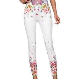 KoJooin Traditional Pants 'Damen High Waist Leggings Rundum Floraler Musterprint Stretch Figurbetonte Freizeit Sport Hose' female size 38 White