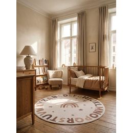 KADIMA DESIGN Kinderteppich Dinosaurier Waschbar Rutschfest Spielteppich in Creme | Gr.: 120 x 170 cm