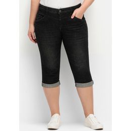 sheego Damen Caprijeans mit Used-Effekten, black denim, Gr&ouml;&szlig;e 40