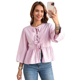 KoJooin Blouse 'Damen Babydoll-Bluse mit Schleifenbindung, Langarm & R&uuml;schen &ndash; verspielt, luftig und feminin' female size XL Pink