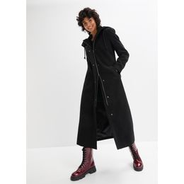bonprix Mantel aus Wollimitat Maxi-L&auml;nge, schwarz, Gr.44, L&auml;ssiger Longmantel in Wolloptik mit Kapuze und Kordelzug, seitliche Eingriffstaschen