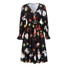 Kojooin Kleid 'Damen Weihnachtskleid mit Wickel-V-Ausschnitt, Midi-L&auml;nge, flie&szlig;endem Rock & Print' Damen Gr&ouml;&szlig;e 44 bunt Sommerkleid