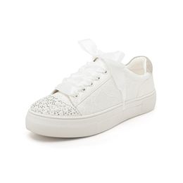 Elivandon Sneaker low '999-4 Wei&szlig;e Spitze Plateausneaker f&uuml;r Damen, Perlen Strass Satin Schleife Schn&uuml;rung Brautschuhe Freizeitschuhe' Damen Gr&ouml;&szlig;e 36 