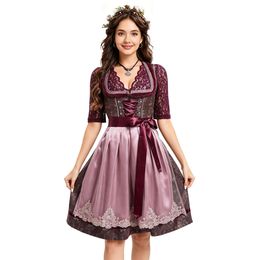 Kojooin Dirndl 'Damen 3‐teiliges Dirndl‐Set Jacquardkleid,Spitzenoberteil mit 3/4‐Arm & zweilagige Altrosa‐Sch&uuml;rze' Damen Gr&ouml;&szlig;e 42 burgunder