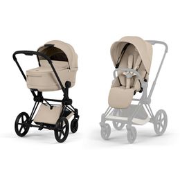 Cybex Platinum Kombikinderwagen Priam Comfort Matt Black, Beige, Textil, 3-teilig, 60x99-109x83-92 cm, CE, Feststellbremse, Federung, 5-Punkte-Gurt, f&uuml;r Babyschale geeignet, Griff in Lederoptik, abnehmbarer Schutzb&uuml;gel, zusammenfaltbar mit Babywanne auf dem Gestell,Sportsitz verl&auml;ngertem Verdeck, 5-Punkt-Gurt, Schutzb&uuml;gel abnehmbar, Sitz umsetzbar,Matratze, zusammenklappbar, Bezug abnehmbar und wa