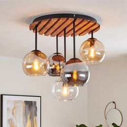Boho-Cluster-Deckenleuchte Koyoto f&uuml;r den Esstisch mit naturfarbener Holzlamellenplatte 5 Glasschirme in Chrom, Rauch, Bernstein und Klar, E14