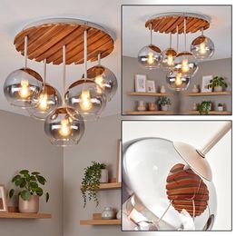 hofstein Boho Cluster-Deckenleuchte Koyoto mit Holz-Lamellenplatte und 5 klaren Kugelschirmen Naturfarbene Lamellenplatte, Metall in Sandfarben, &oslash; 15 cm, E14