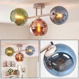 hofstein Cluster-Deckenleuchte Koyoto mit drei Glasschirmen in Blau, Gr&uuml;n und Kupferfarben Sandfarbenes Metallgestell, E14, extern dimmbar, 25 Watt