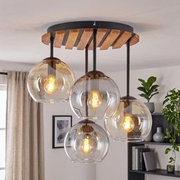 hofstein Boho Cluster-Deckenleuchte Koyoto mit 4 Glasschirmen in Klar, Bernstein und Rauch Holzlamellen-Abdeckung, f&uuml;r den Esstisch, &oslash; 39,5 cm, E14, 25 Watt