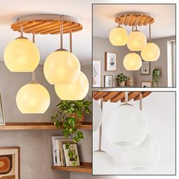 Kugel-Deckenleuchte Ripoll mit naturfarbener Holzlamellenplatte und 4 wei&szlig;en Glasschirmen Aus Metall im Boho-Stil, &oslash; 39,5 cm, E14, extern dimmbar