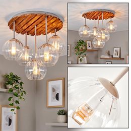 hofstein Deckenleuchte Koyoto mit f&uuml;nf klaren Riffelglasschirmen und Holzlamellenplatte in Naturfarben Aus Metall, Schirm-&oslash; 15 cm, E14, 25 Watt, im Boho-Style