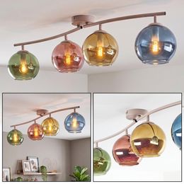 hofstein Retro-Deckenleuchte Koyoto mit 4 bunten Glasschirmen am geschwungenen Tr&auml;ger Metall in Sandfarben, &oslash; 15 cm je Kugel, E14, 25 Watt, extern dimmbar