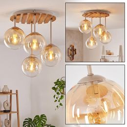 hofstein Boho Cluster-Deckenleuchte Gastor mit Holzlamellen und 4 Abh&auml;ngungen Naturfarben, bernsteinfarbene Klarglasschirme, &oslash; 15 cm, f&uuml;r den Esstisch
