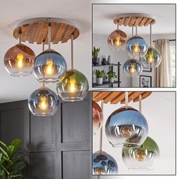 Naturfarbene Boho Kugel-Deckenleuchte Koyoto mit Holzlamellen-Abdeckung Bunte Glasschirme in Blau, Gr&uuml;n, Kupferfarben und Klar, &oslash; 15 cm, E14