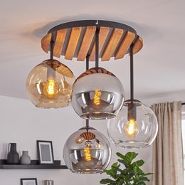 hofstein Cluster-Deckenleuchte Koyoto mit 4 Glasschirmen in Chrom, Rauch, Bernstein und Klar Deckenplatte aus Metall und Holz, &oslash; 39,5 cm, E14, 25 Watt