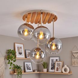 hofstein Boho-Kugel-Deckenleuchte Gastor mit 4 klaren und rauchfarbenen Glasschirmen Naturfarbene Holzlamellen-Abdeckung, Metall, &oslash; 39,5 cm, E14, 25 Watt