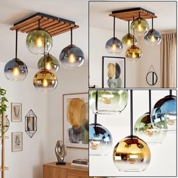hofstein Boho Style Deckenleuchte Koyoto mit 5 Glaskugelschirmen in Blau, Gr&uuml;n, Gold und Klar Metall, Holzlamellenplatte in Naturfarben, &oslash; 15 cm, E14