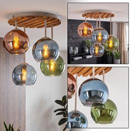 Cluster-Deckenleuchte Koyoto mit naturfarbener Holzlamellenplatte und 4 blauen Glasschirmen Aus Metall, &oslash; 15 cm je Glas, Fassung E14, im Boho Style