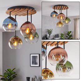 Cluster-Deckenleuchte Koyoto im Boho Style mit Holzlamellenplatte in Naturfarben 4 bunte Glasschirme, &oslash; 15 cm, Fassung E14, 25 Watt, extern dimmbar