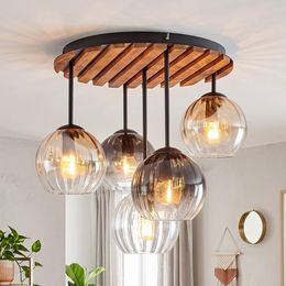 hofstein Boho-Cluster-Deckenleuchte Koyoto mit 5 Rauch-, Bernstein- und Klarglasschirmen Metall mit Holzlamellenplatte, &oslash; 48 cm, E14, Lichteffekt an der Decke