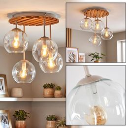 hofstein Boho-Deckenleuchte Ripoll mit naturfarbener Holzlamellenplatte und klaren Glasschirmen Aus Metall, &oslash; 15 cm, E14, 25 Watt, Gesamtdurchmesser 39,5 cm