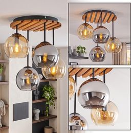 hofstein Boho Cluster-Deckenleuchte Koyoto mit Holzlamellen-Abdeckung, 4 Glasschirme Holz in Naturfarben, Metall, Glas in Chrom, Rauch und Bernstein, E14