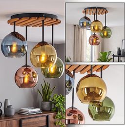 Runde Boho-Cluster-Deckenleuchte Koyoto mit 4 bunten Glasschirmen, E14 Aus Metall und Holz mit Lamellenplatte in Naturfarben, &oslash; 39,5 cm, 25 Watt