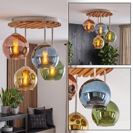 hofstein Boho Cluster-Deckenleuchte Koyoto mit Holzlamellen-Abdeckung, 4 bunte Glasschirme Metall, E14-Fassung, &oslash; 15 cm, 25 Watt, extern dimmbar