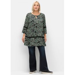 sheego Gro&szlig;e Gr&ouml;&szlig;en Tunika mit floralem Print und Lochmusterdetails, schwarz-gr&uuml;n, Gr&ouml;&szlig;e 52 - Damen