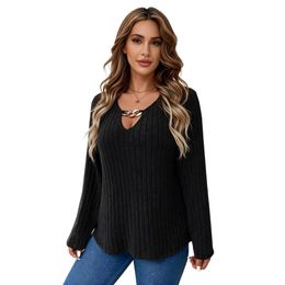 KoJooin Shirt 'Damen-Plus-Size-Langarmshirt mit V-Ausschnitt und feiner Rippstruktur' female size XXL Black